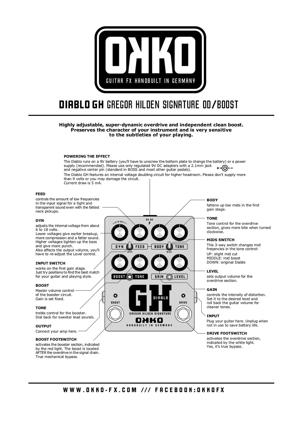 Okko FX Diablo GH Gregor Hilden Signature Overdrive Boost Guitar Pedal ...